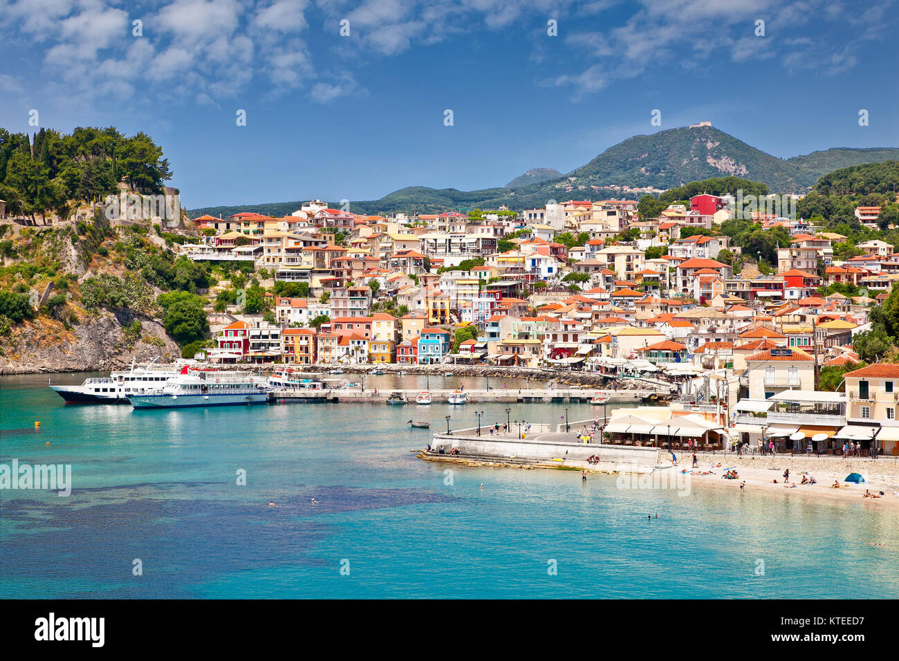 Beautiful panoramic view of Parga port and houses colors, Greece Stock ...