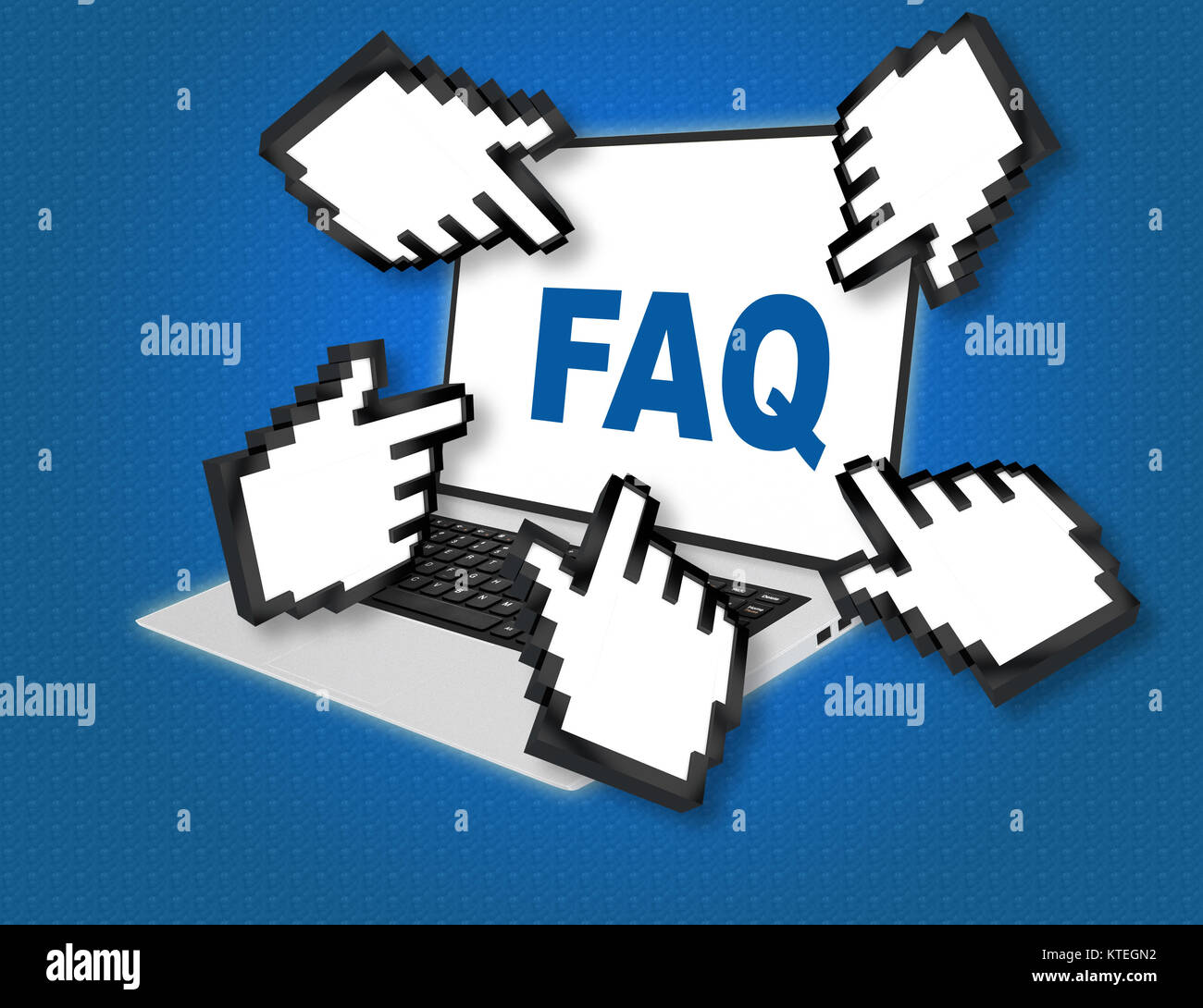3D illustration of "FAQ" script with pointing hand icons pointing at ...