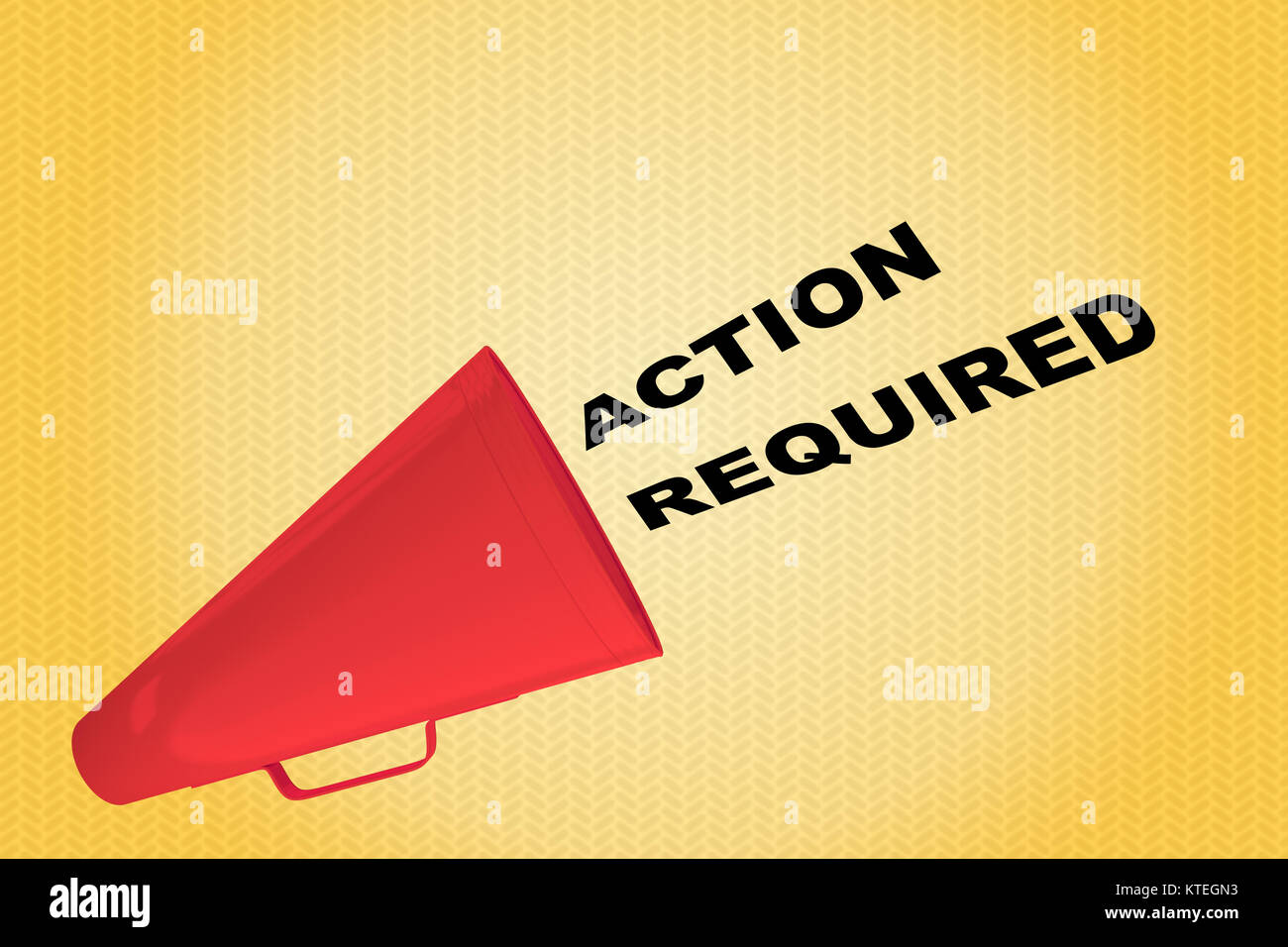3D illustration of "ACTION REQUIRED" title flowing from a loudspeaker ...