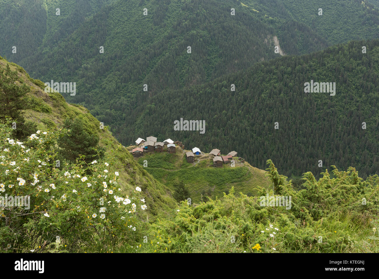 view of a remote mountaintop village in the Tusheti region of Georgia ...