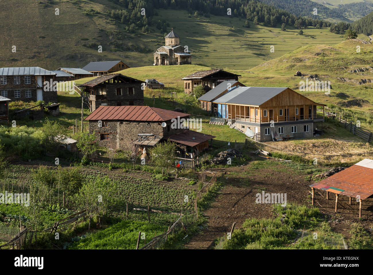 view of the remote mountain village of Shenako in the Tusheti region of ...