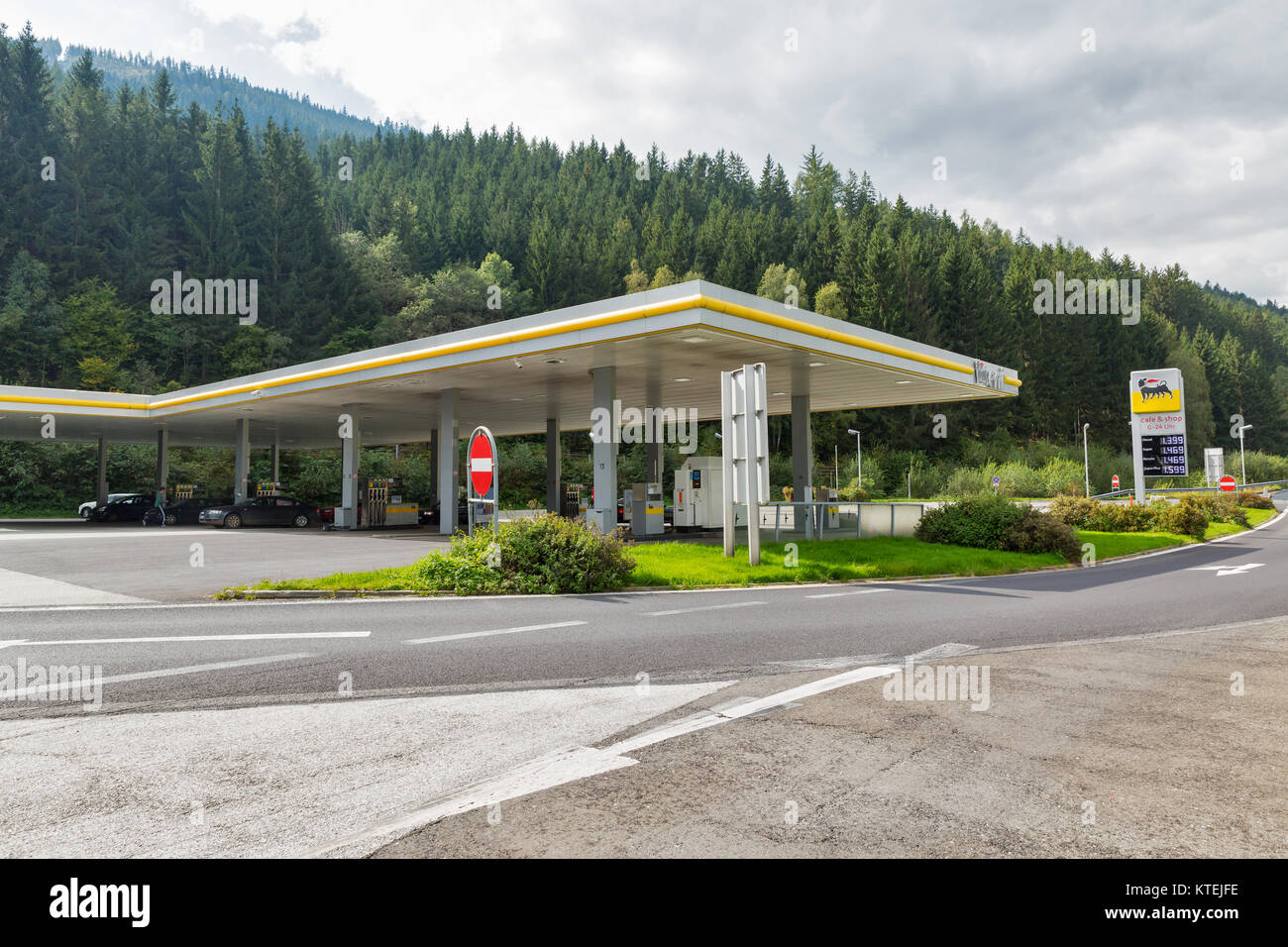 HAUS, AUSTRIA - SEPTEMBER 24, 2017: ENI petrol station in Austrian Alps ...