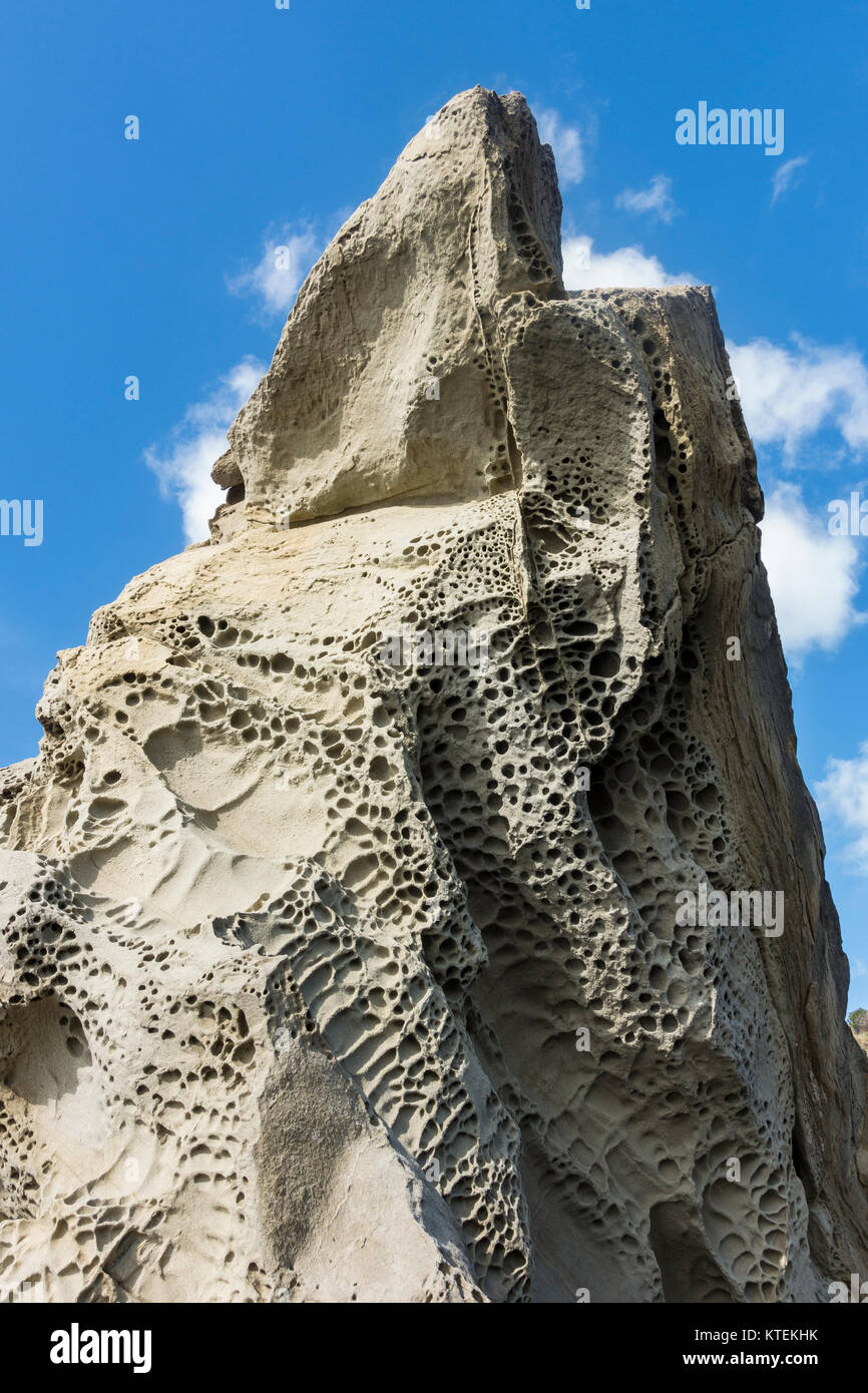 Eroded sandstone rock formations, tafoni, at bay of Algeciras, Spain ...