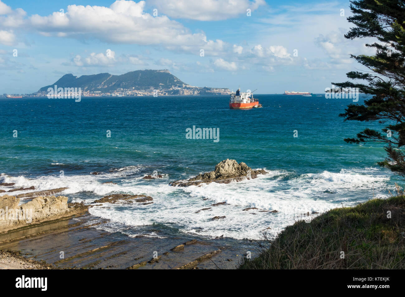 Strait of Gibraltar, with the Western face of the rock of Gibraltar and ...