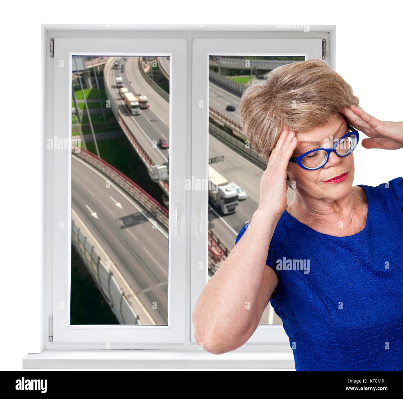 Opened double pvc window with noisy highway outdoor and senior woman ...