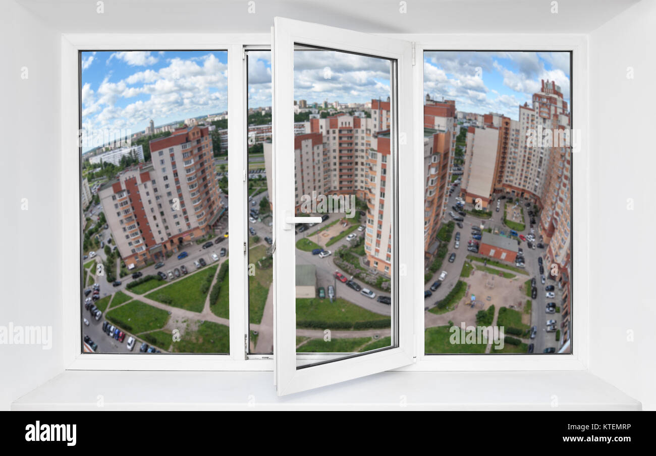 View through the pvc window frame on high floor at the residential ...
