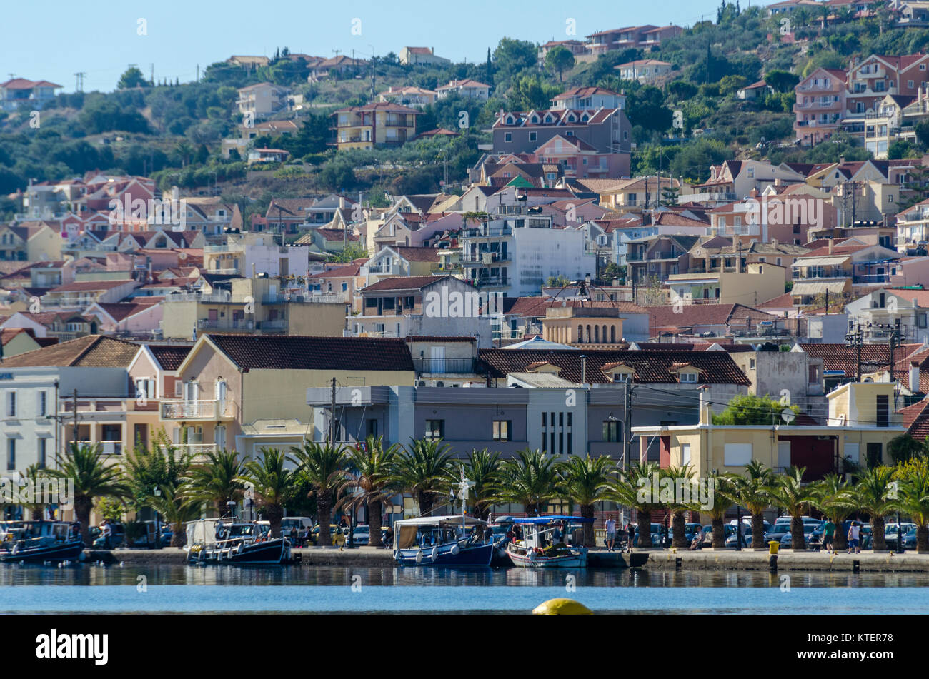 Close-up of the port and center of Lixouri city located on the same bay ...
