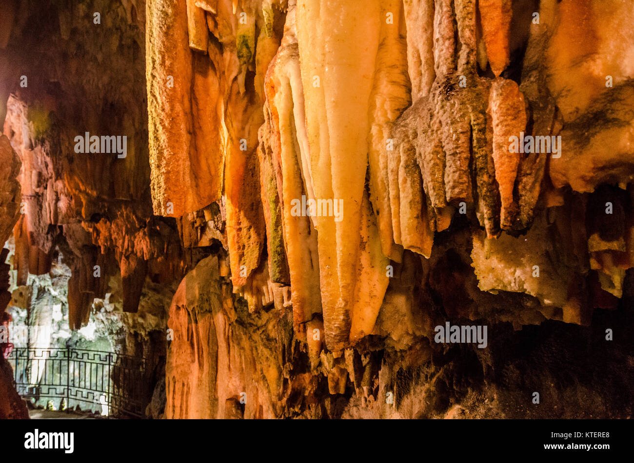 Detail of the giant stalactites in the cave of Drogarati island of ...