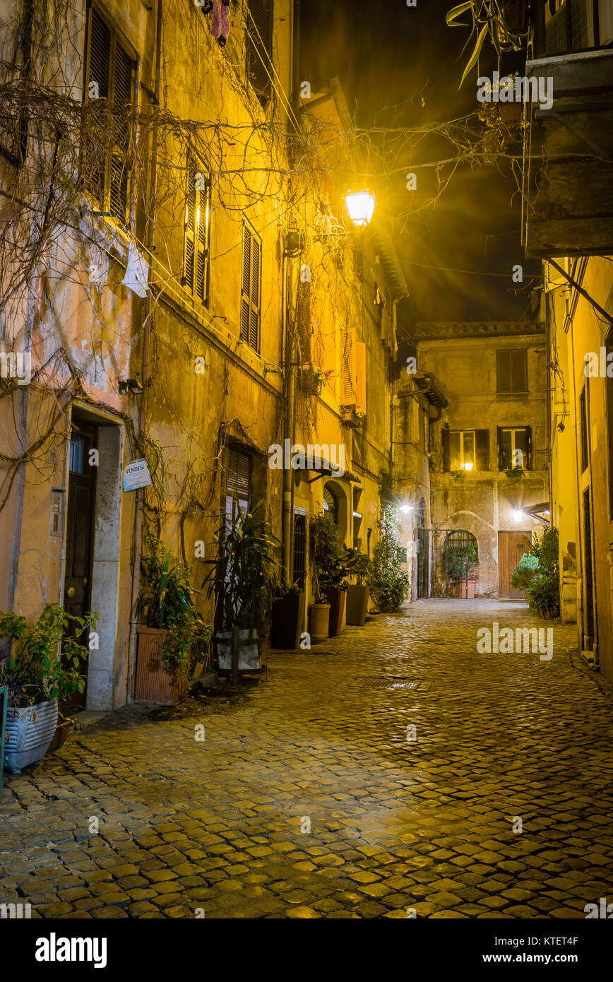 Illuminated paved street in Rome at night in the historic center Stock ...