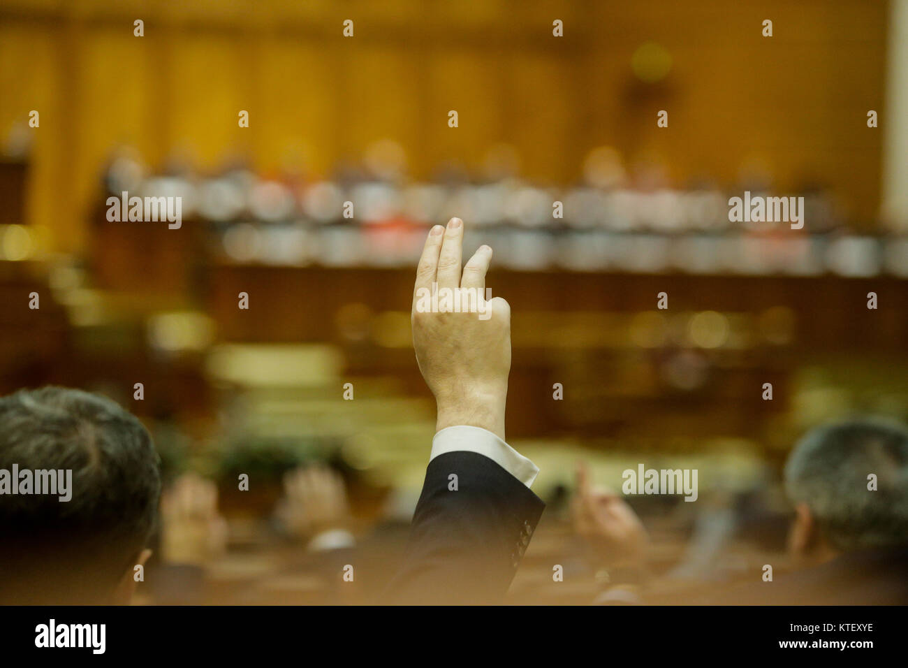 Members of Romanian Parliament voting by raising their hands Stock ...