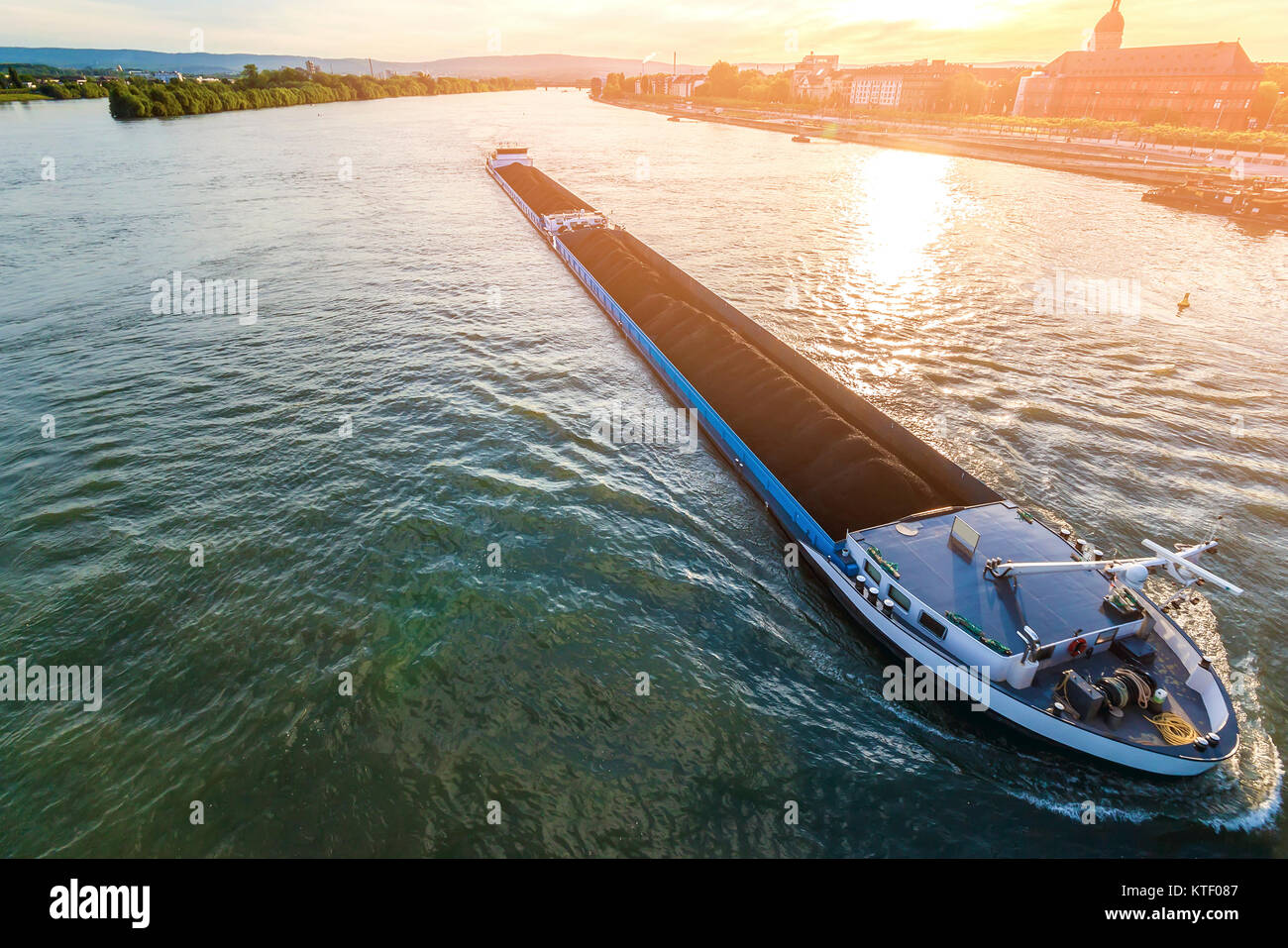 Cargo ship with coal bulk load on the river Rhine in Mainz, Germany ...