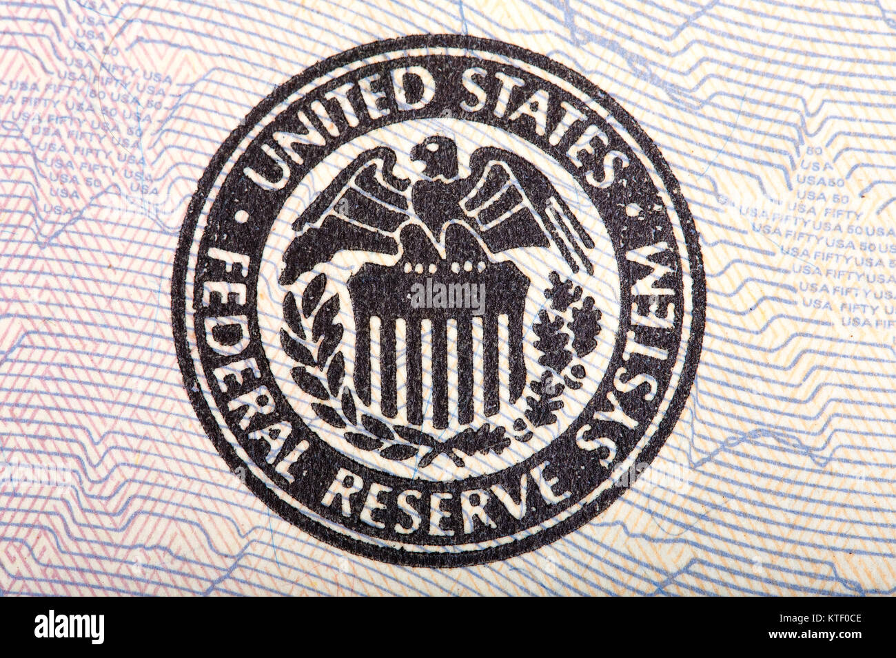 Federal Reserve icon on a fifty dollar bill Stock Photo - Alamy
