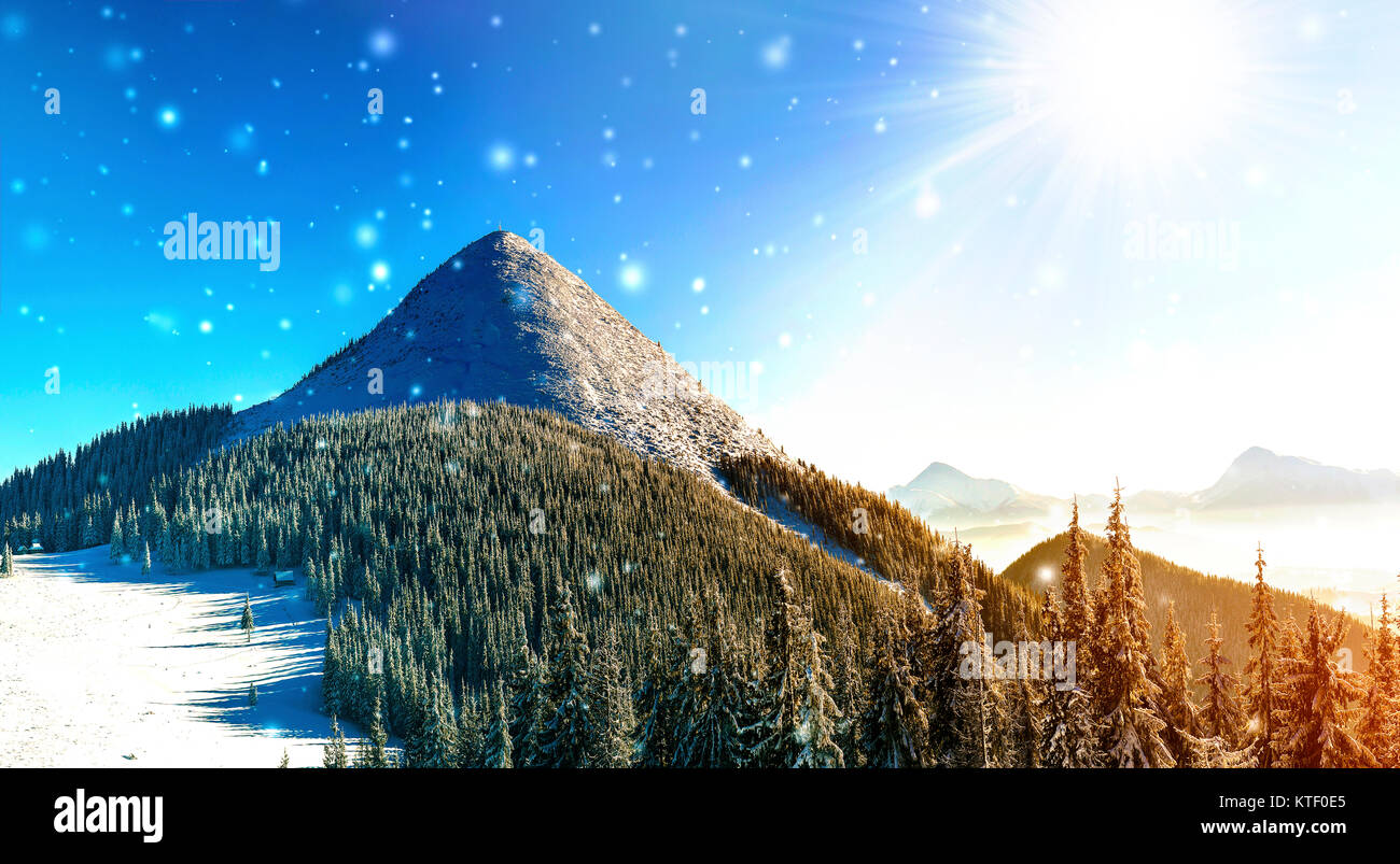 Beautiful winter panorama with fresh falling snow. Landscape with ...