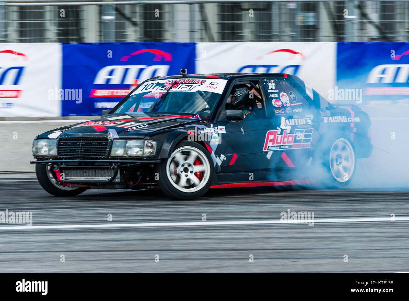 Unknown rider on the car brand Mercedes-Benz overcomes the track Stock ...