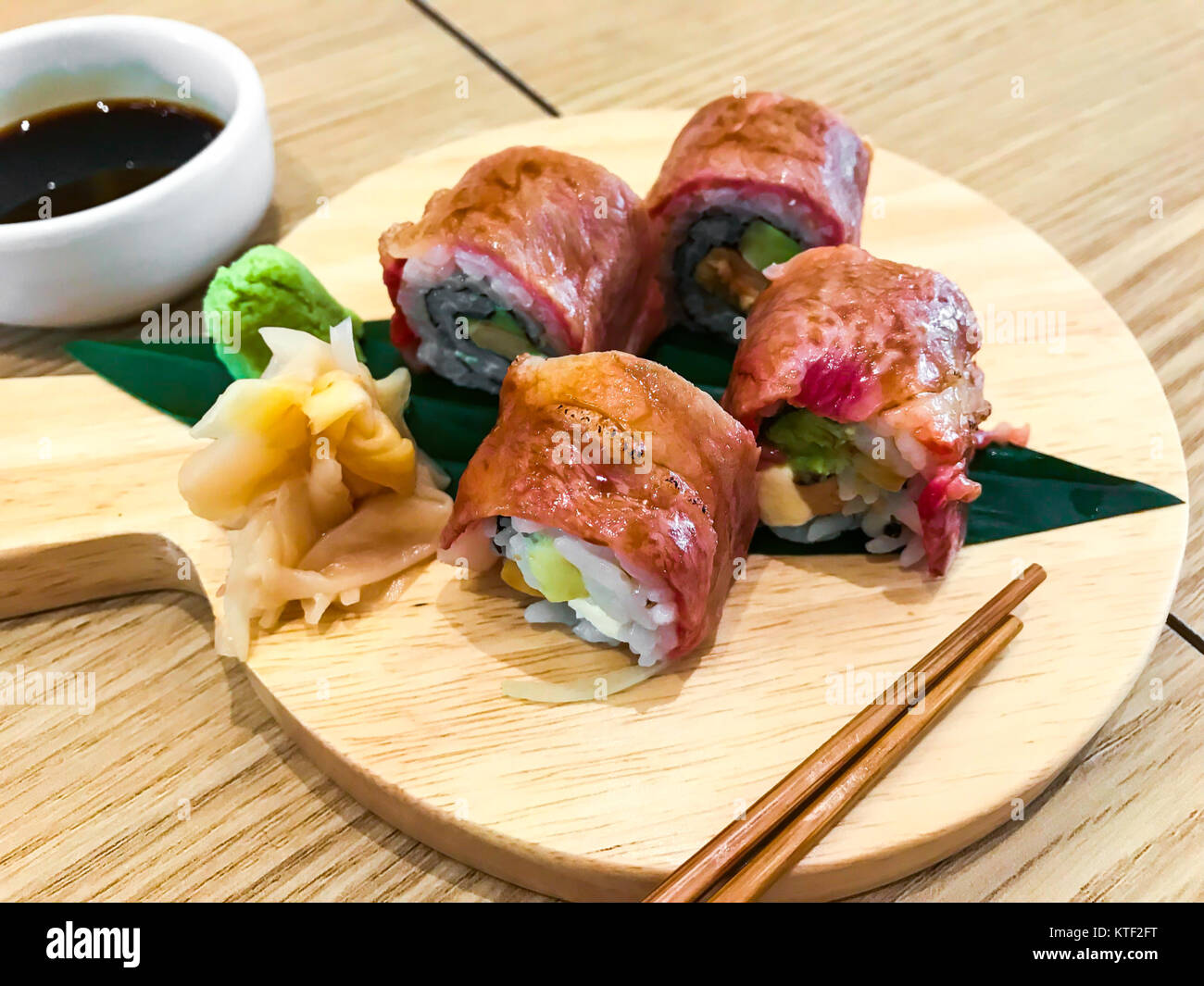 Meat sushi rolls with beef. Studio Photo Stock Photo - Alamy