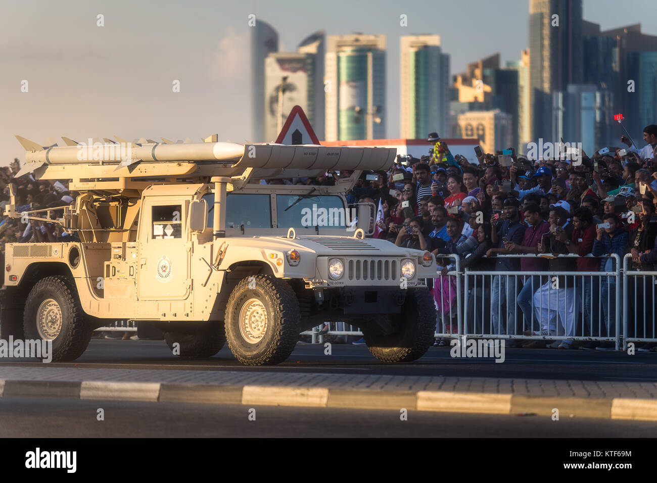 Perform of military and civil vehicles on National Day parade Doha ...