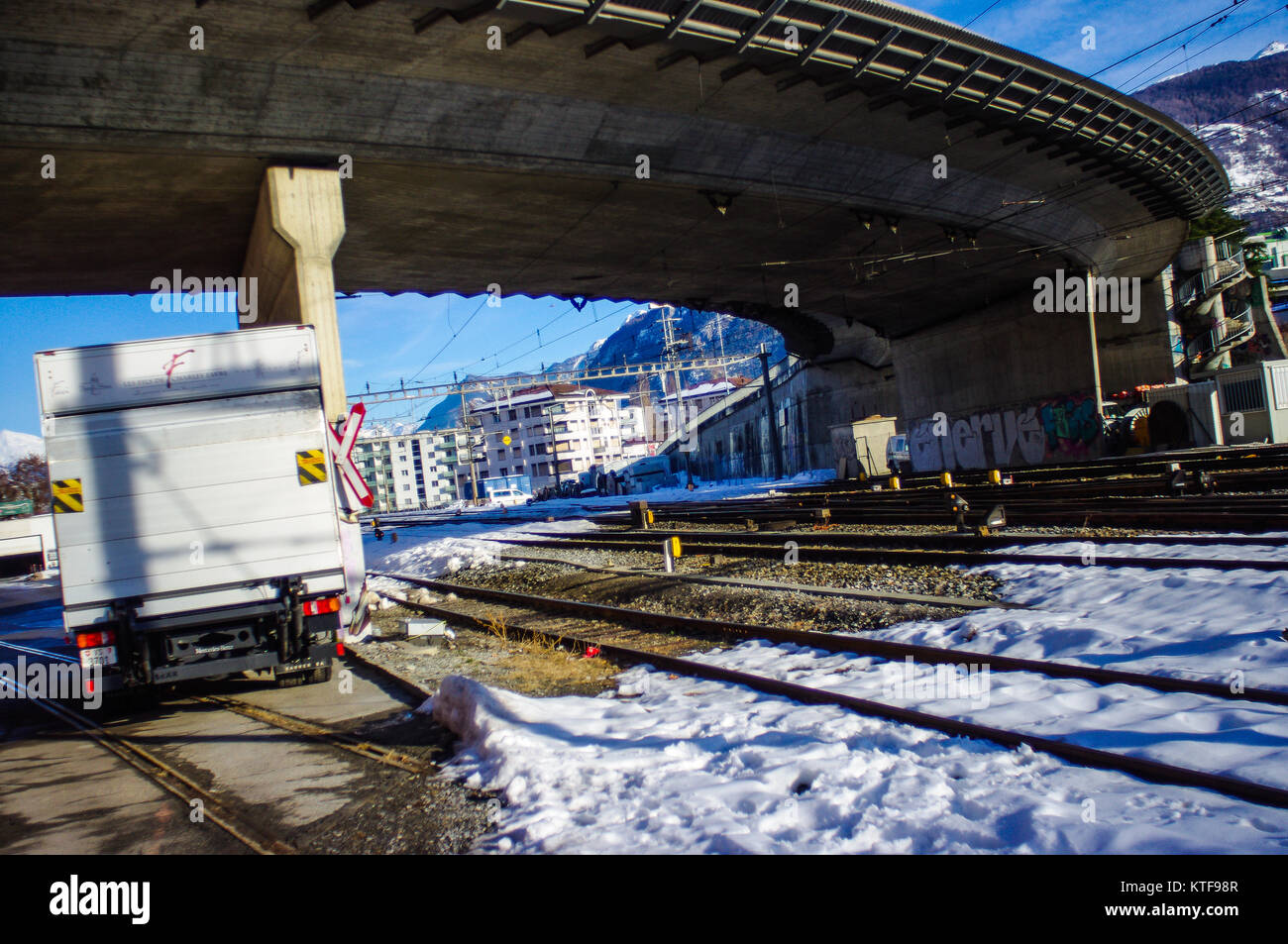 Sion, Switzerland, 23rd Dec 2017. Railway tracks and bridge Stock Photo ...
