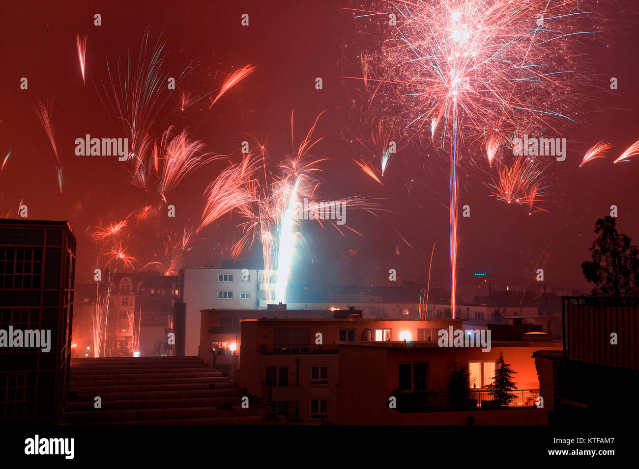 Colorful fireworks at new year's eve in Cologne, Germany Stock Photo ...