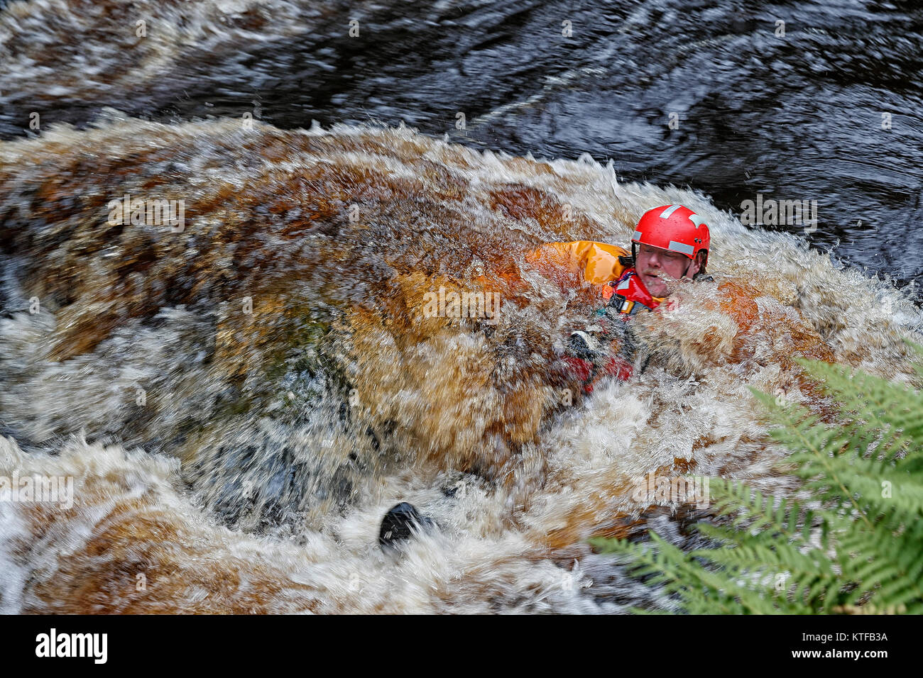 Upper Wharfedale Fell Rescue Association Swift Water Team member taking ...