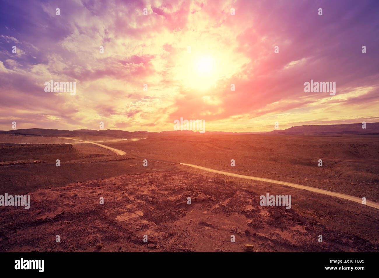 Road in Makhtesh Ramon Crater in Negev desert at sunset, Israel Stock ...