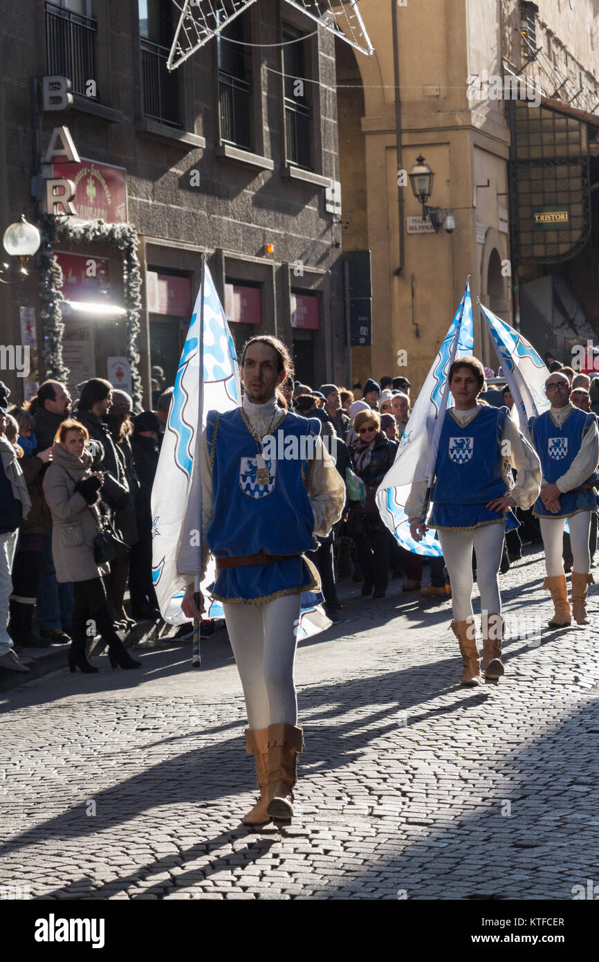 Italy, Florence - January 6 2017: the view of flag-bearers in medieval ...