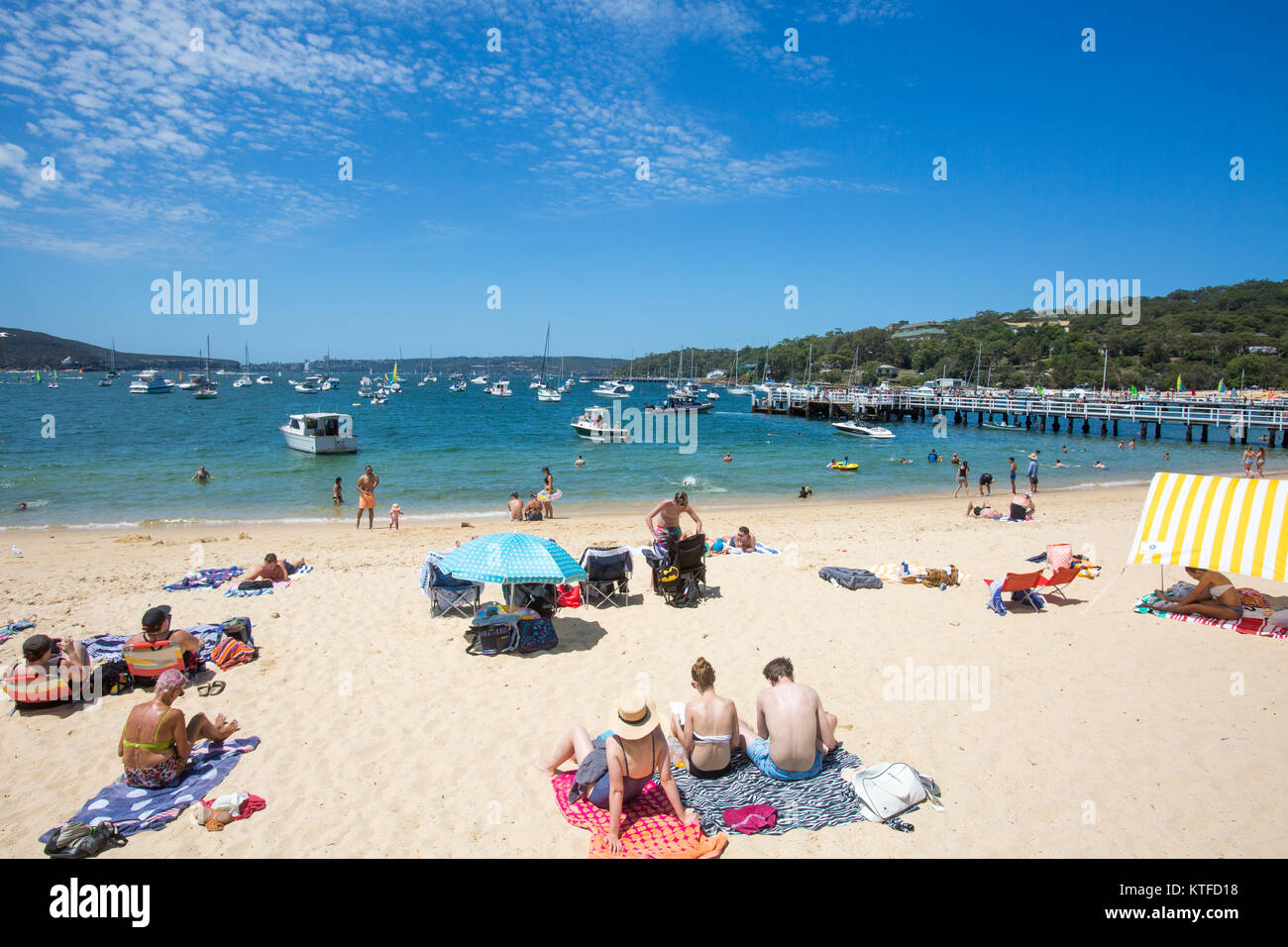 People relaxing and sunbathing on Balmoral beach in Mosman, Sydney ...