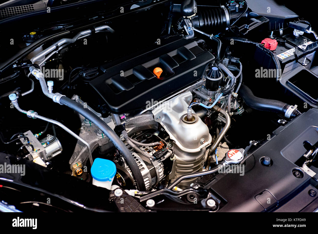 Close up detail of new car engine The powerful engine of a car ...