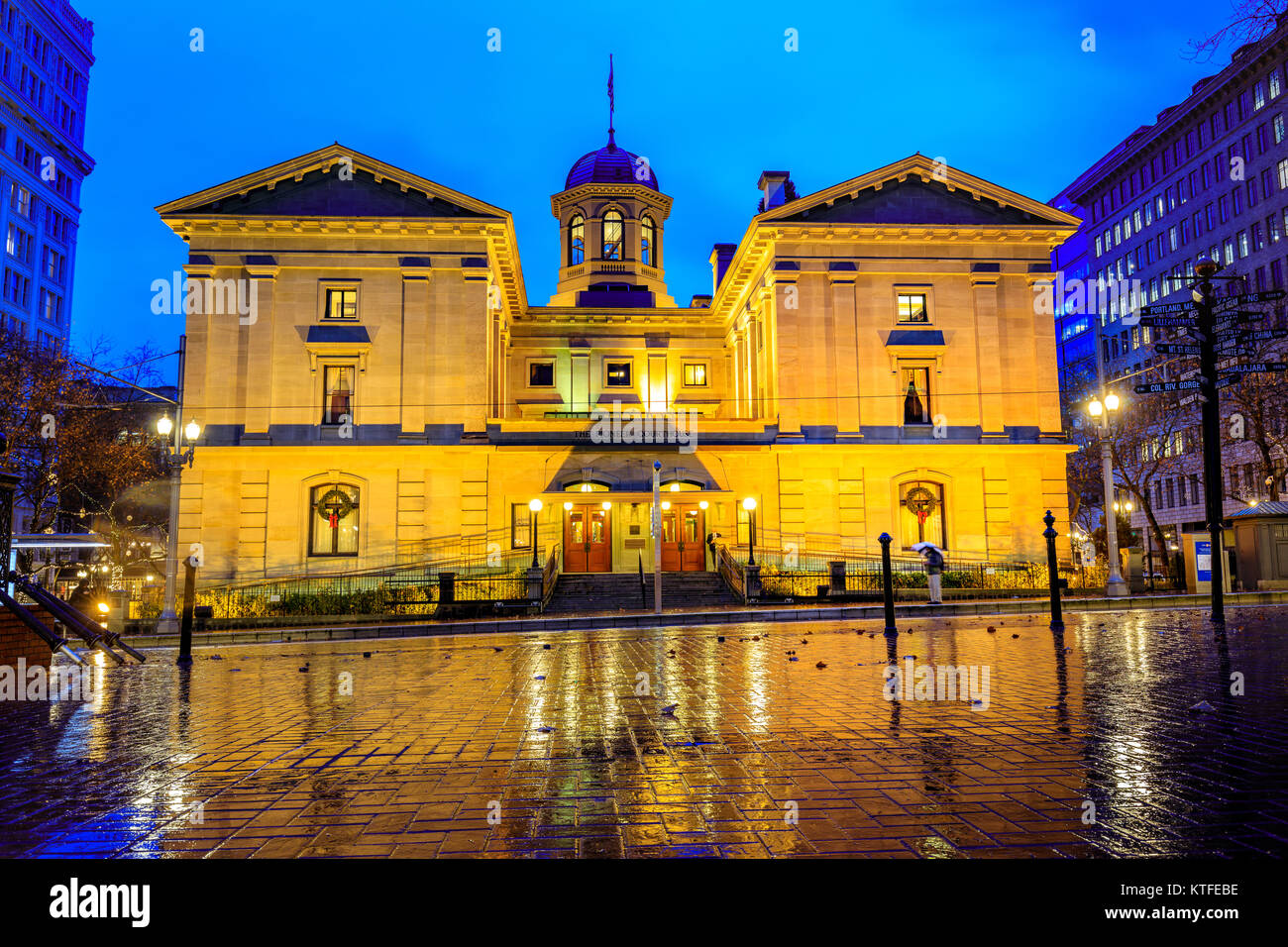 Pioneer Courthouse on a rainy winter night, which is the oldest federal ...