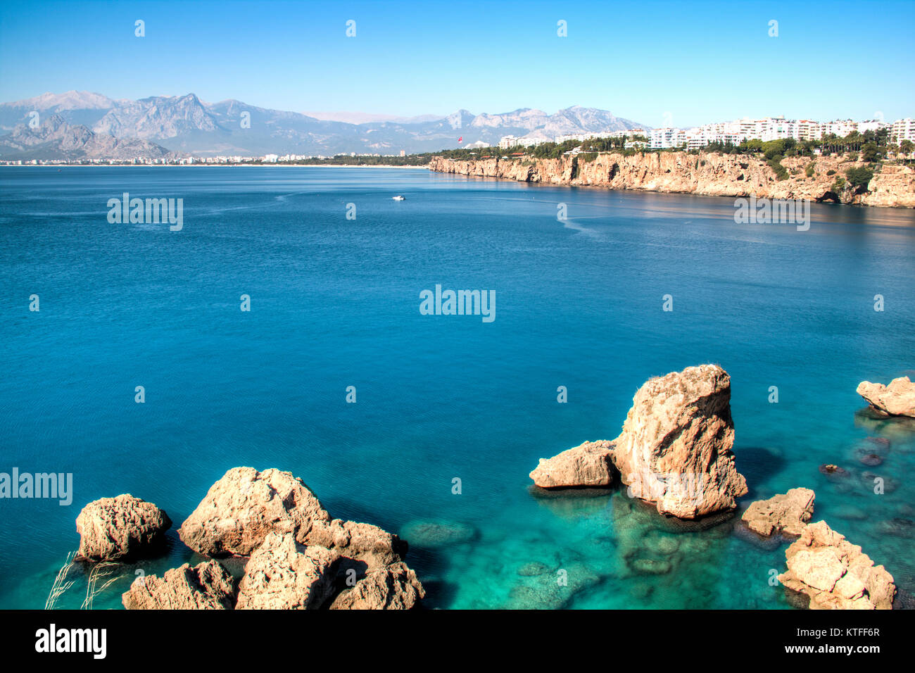 The emerald blue green waters at the shore of Antalya in Turkey Stock ...