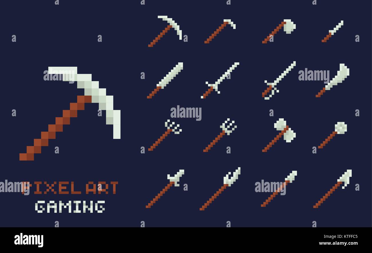 Set of vector pixel art tools icons. Axe, pick, sword, hoe, lance ...