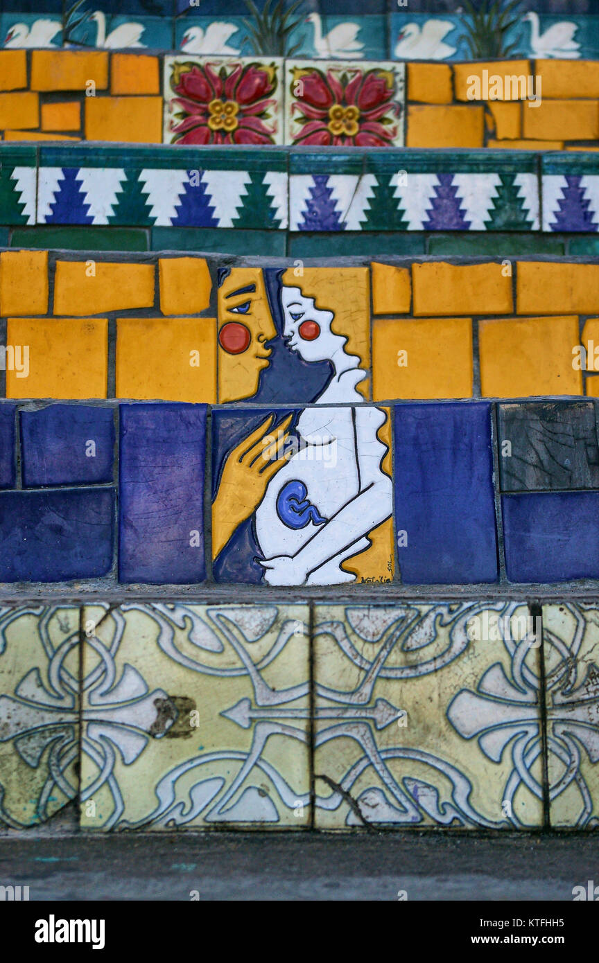 Detail of the world-famous ceramic Selaron Steps (Escadaria Selarón) in ...