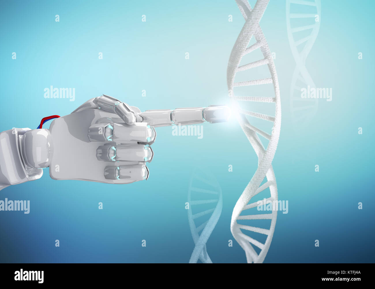 White robotic hand touches DNA chain over blue background. Futuristic ...