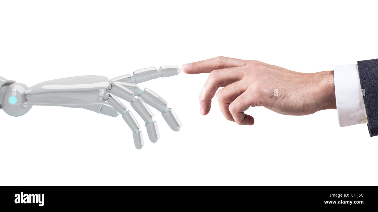 Human hand touching an android hand. Isolated on white background. 3d ...