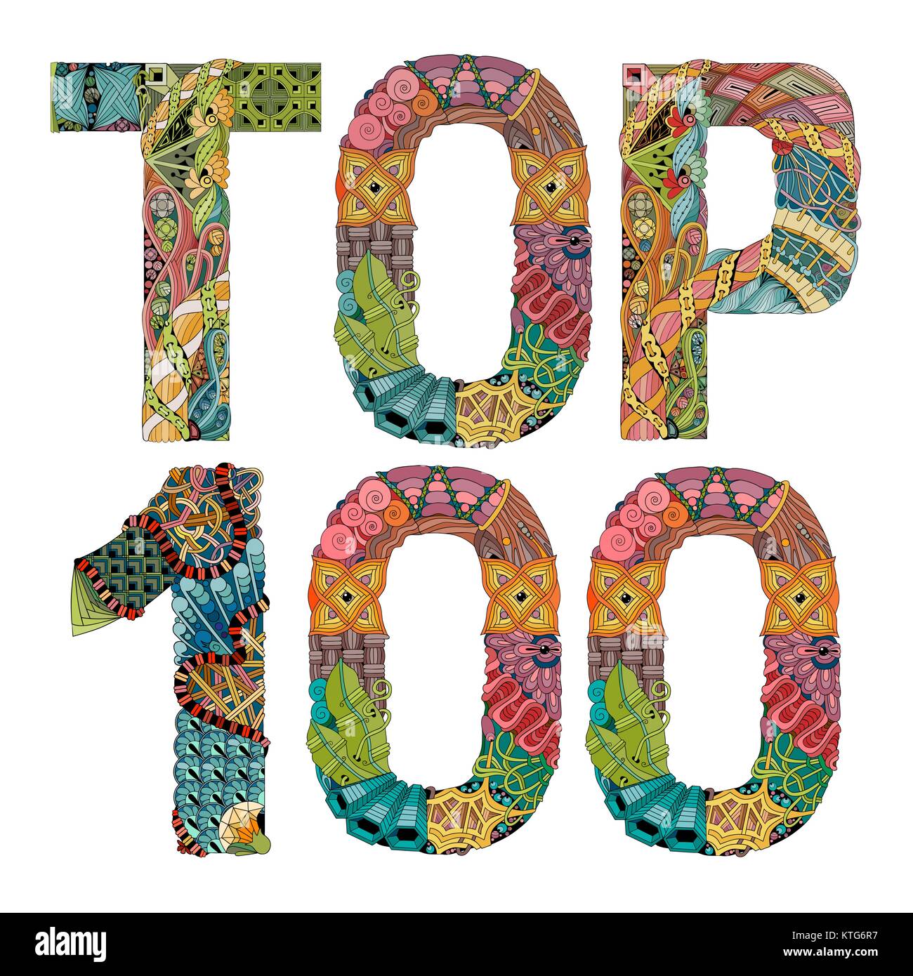 Hand-painted art design. Hand drawn illustration word TOP 100 for t ...