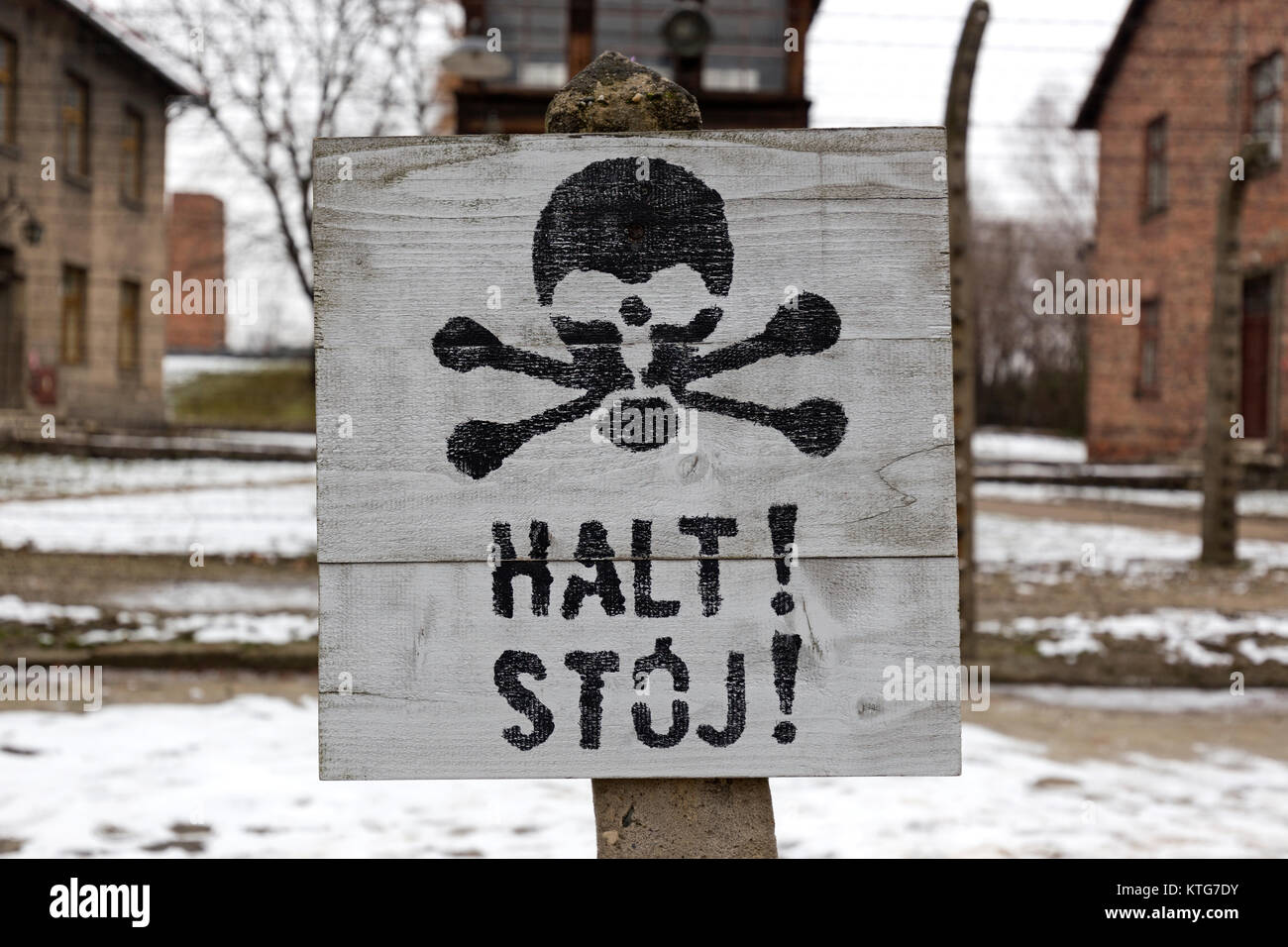 AUSCHWITZ, POLAND - DECEMBER 2017; Stop sign in the concentration camp ...