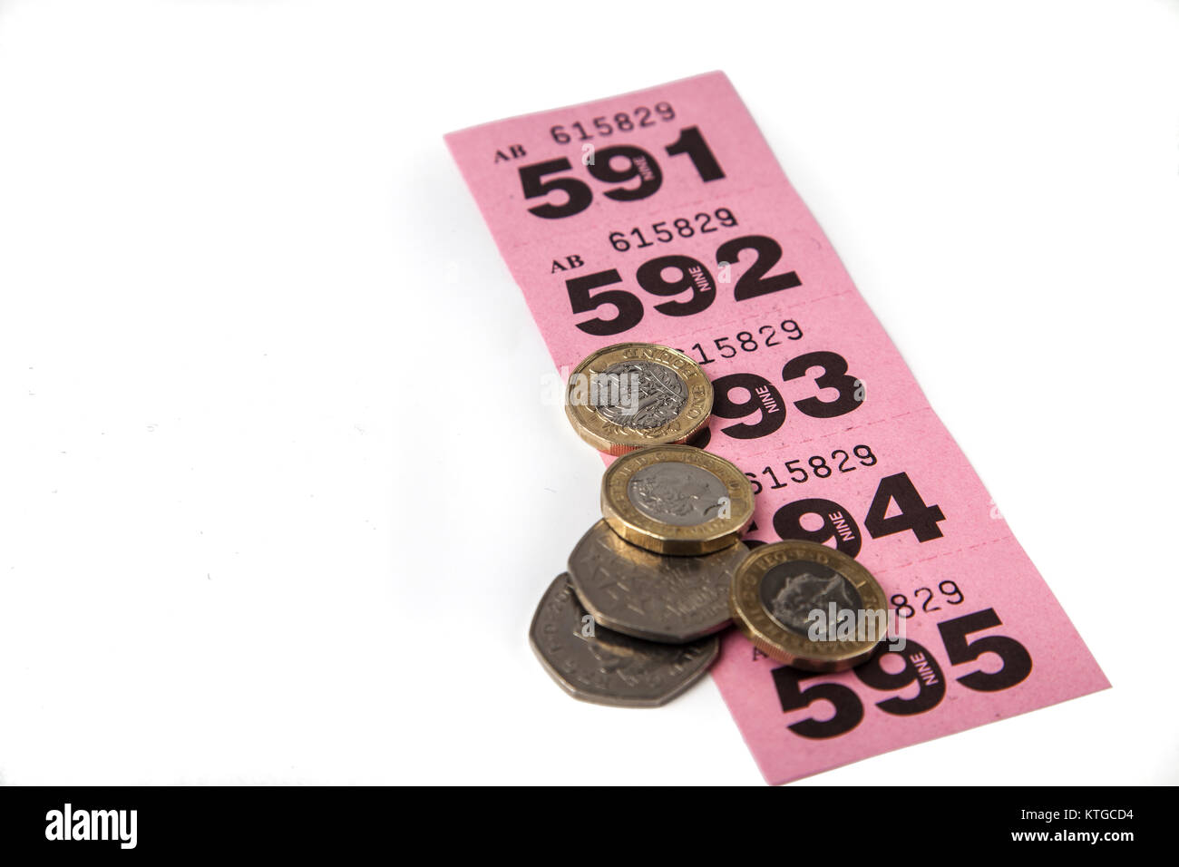 Pink Raffle Tickets with UK coins and negative space for copy Stock ...