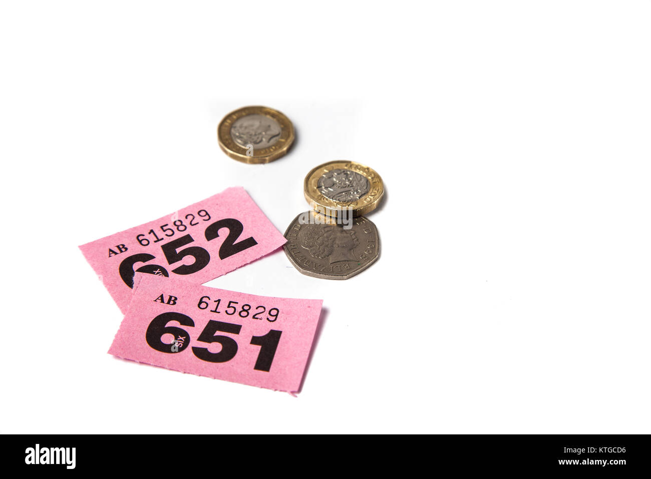 Pink Raffle Tickets with UK coins and negative space for copy Stock ...