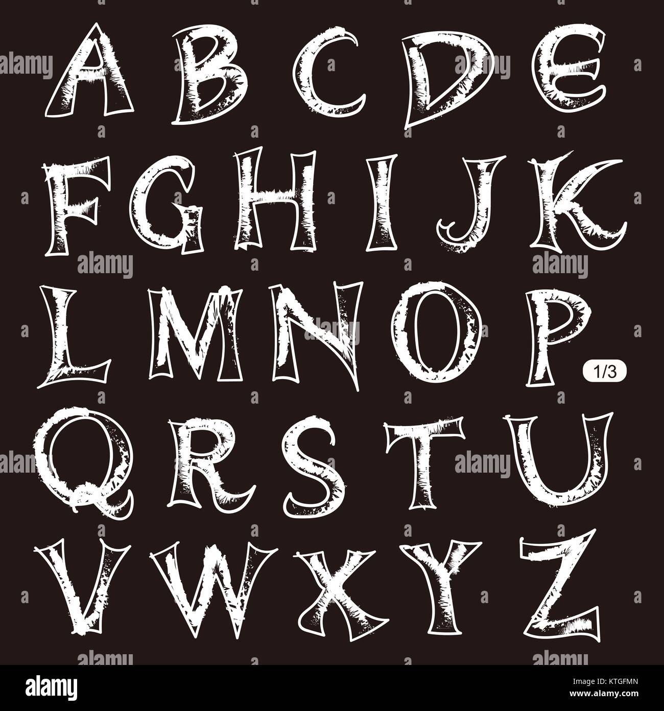 Hand drawn crayon style upper case alphabet letters on black board ...