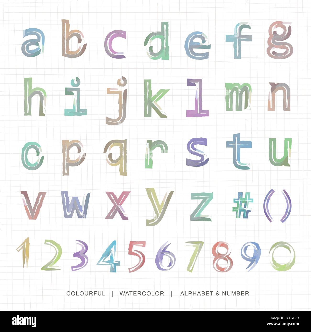 Hand drawn style colorful watercolor lower case alphabet and number ...
