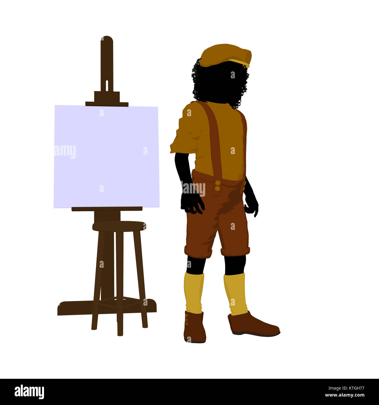 Male tween african american artist with an easel and stool on a white ...