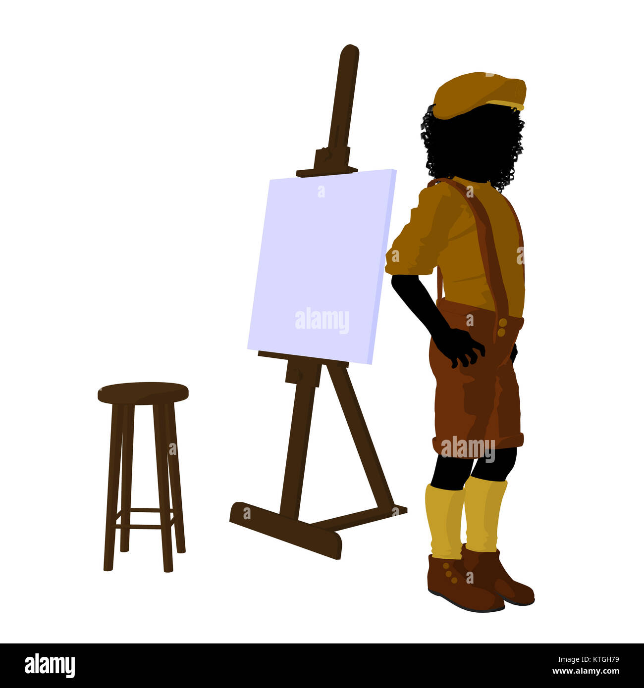 Male tween african american artist with an easel and stool on a white ...