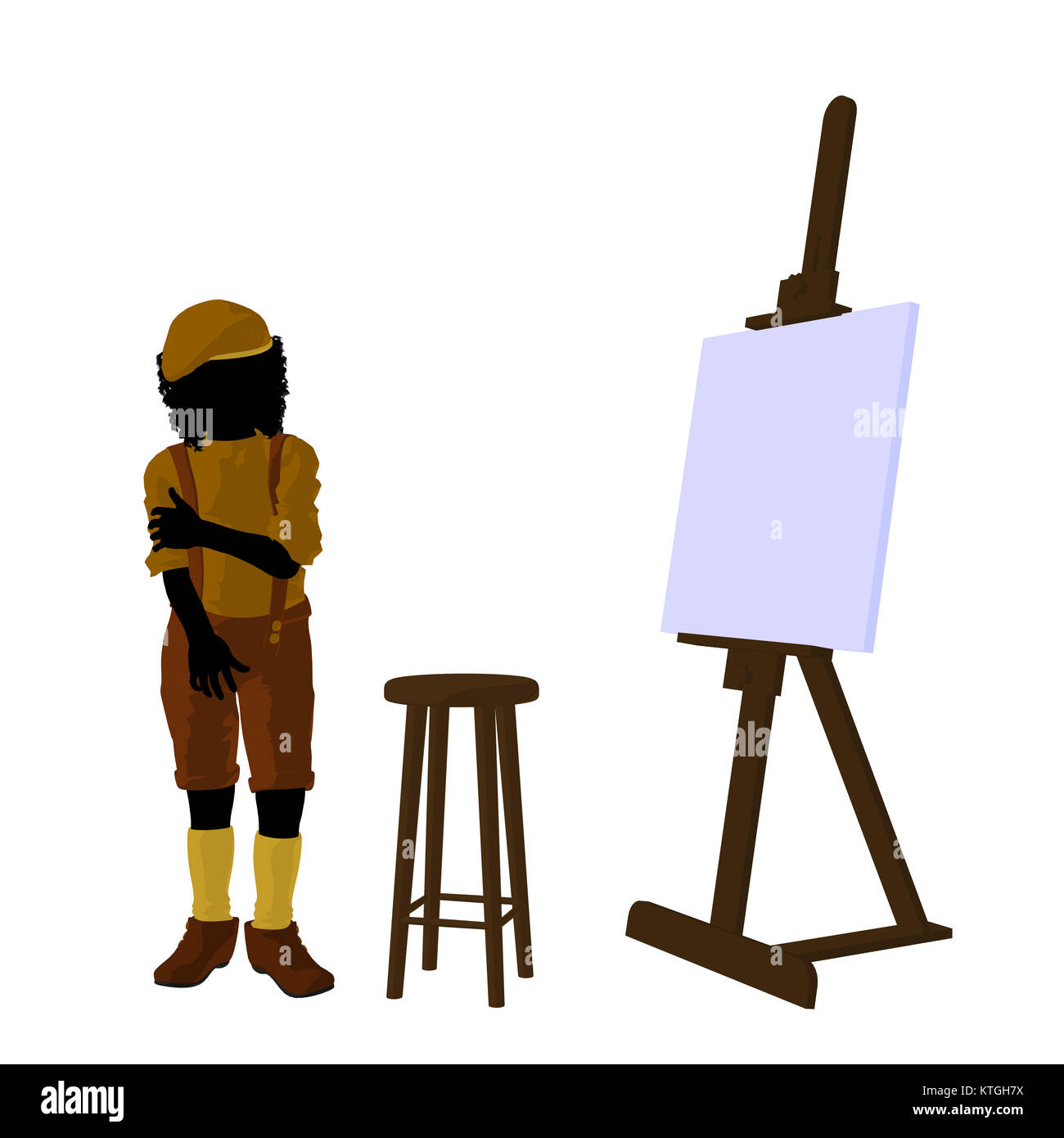 Male tween african american artist with an easel and stool on a white ...