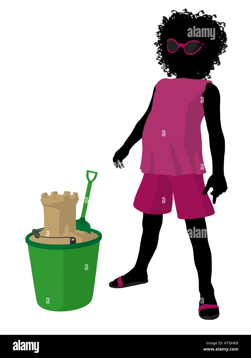 African american beach girl with sand castle illustration silhouette on ...
