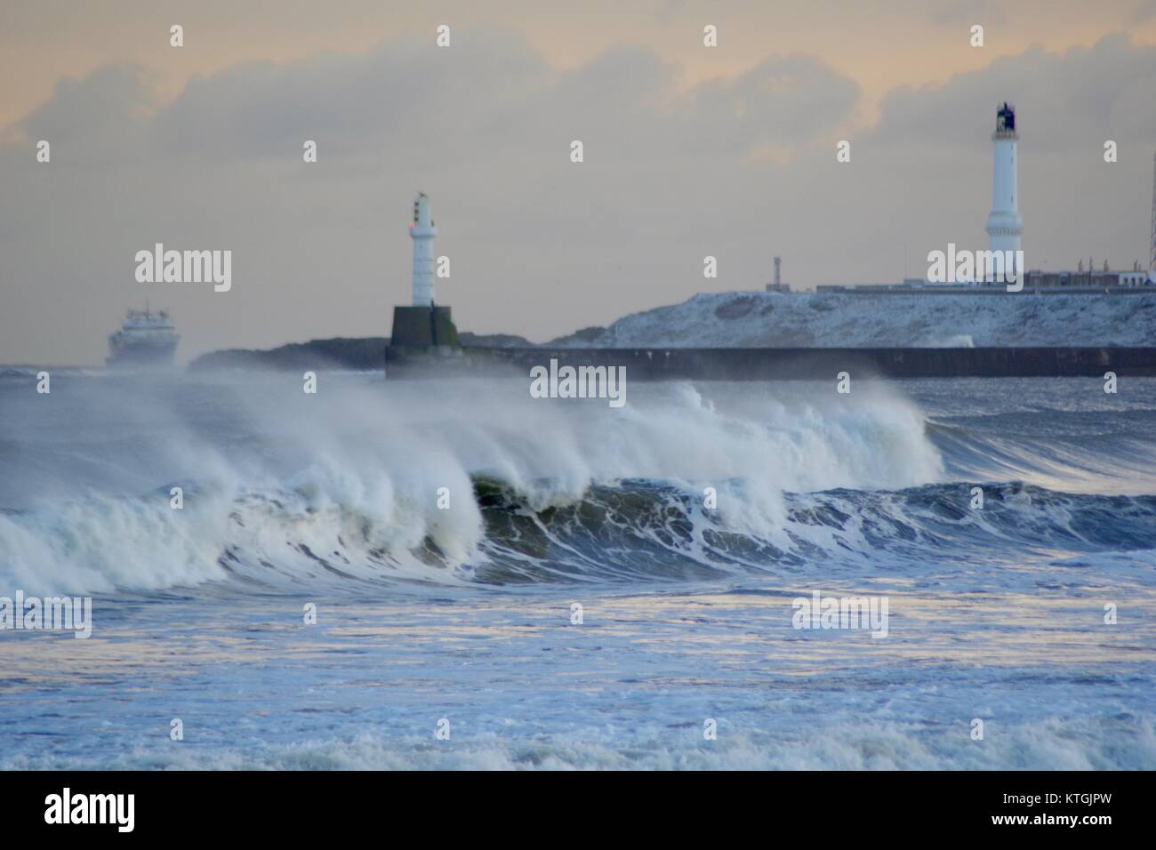 Winter Storm Hits Land at Aberdeen Harbour. Powerful Waves and Girdle ...
