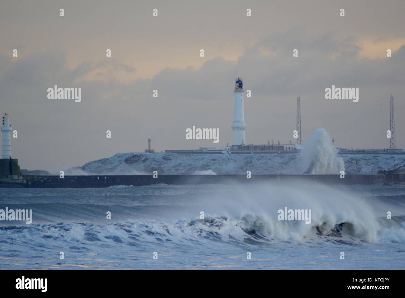 Winter Storm Hits Land at Aberdeen Harbour. Powerful Waves and Girdle ...