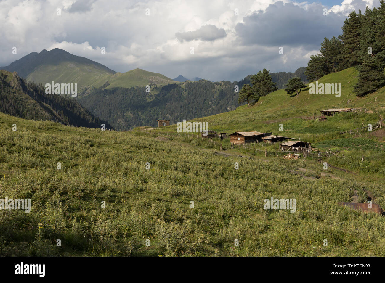 view of the remote mountain village of Omalo in the Tusheti region of ...