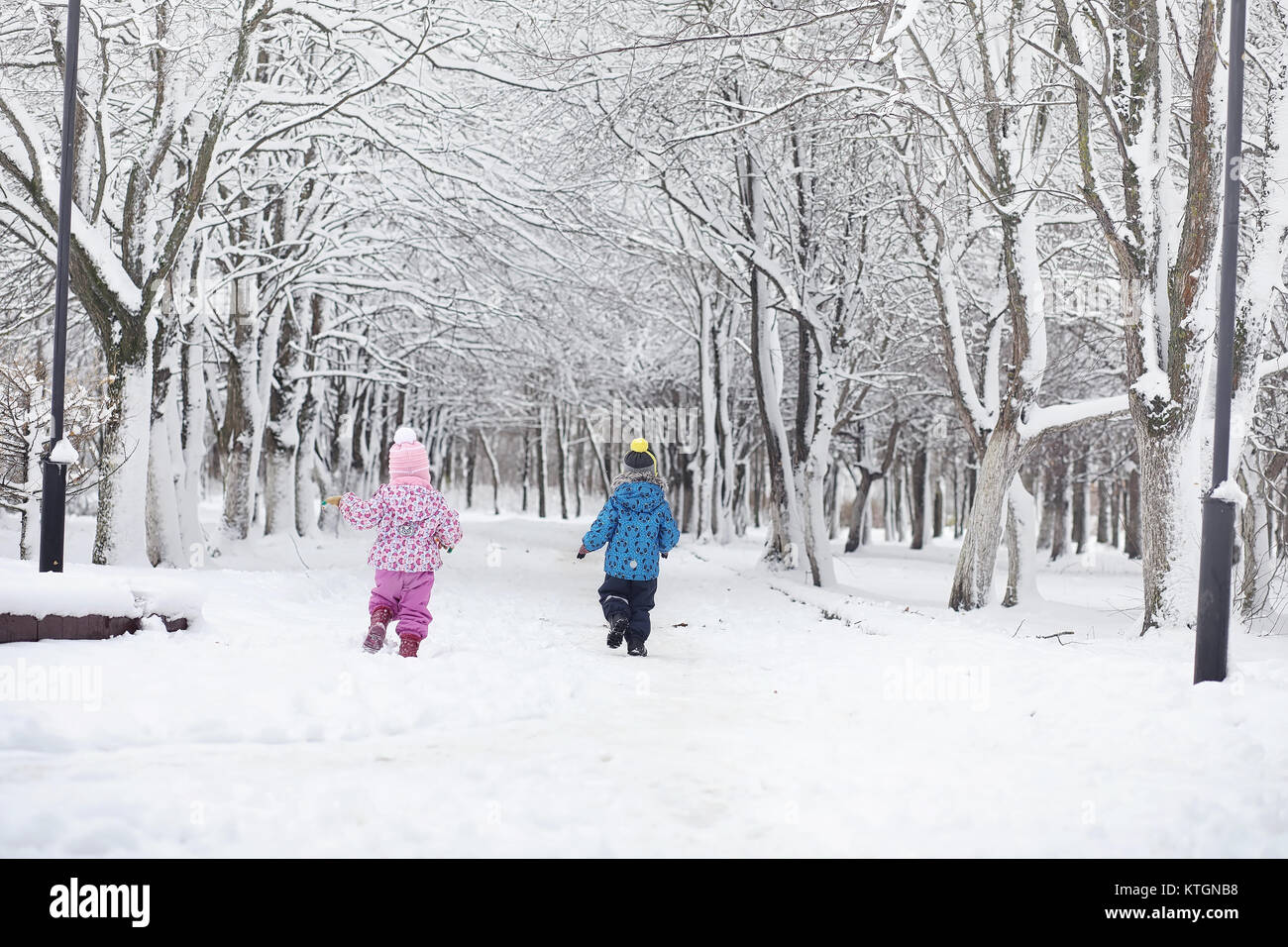 Snow-covered winter park and benches. Park and pier for feeding ducks ...