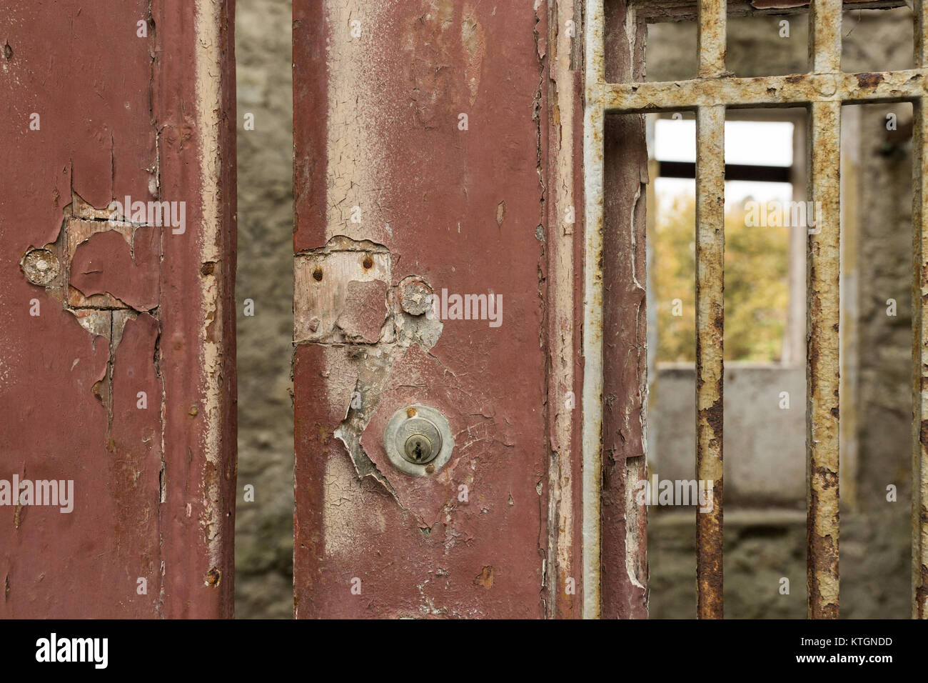 rusty window bars and weathered painted door of an abandoned building ...