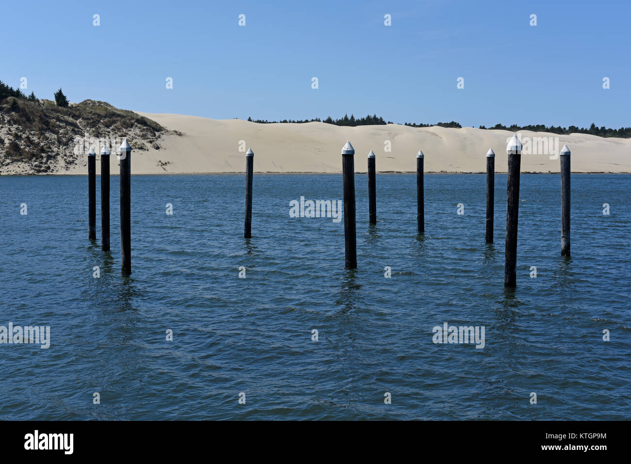 Sand dunes behind the Siuslaw River in Florence, Oregon, United States ...
