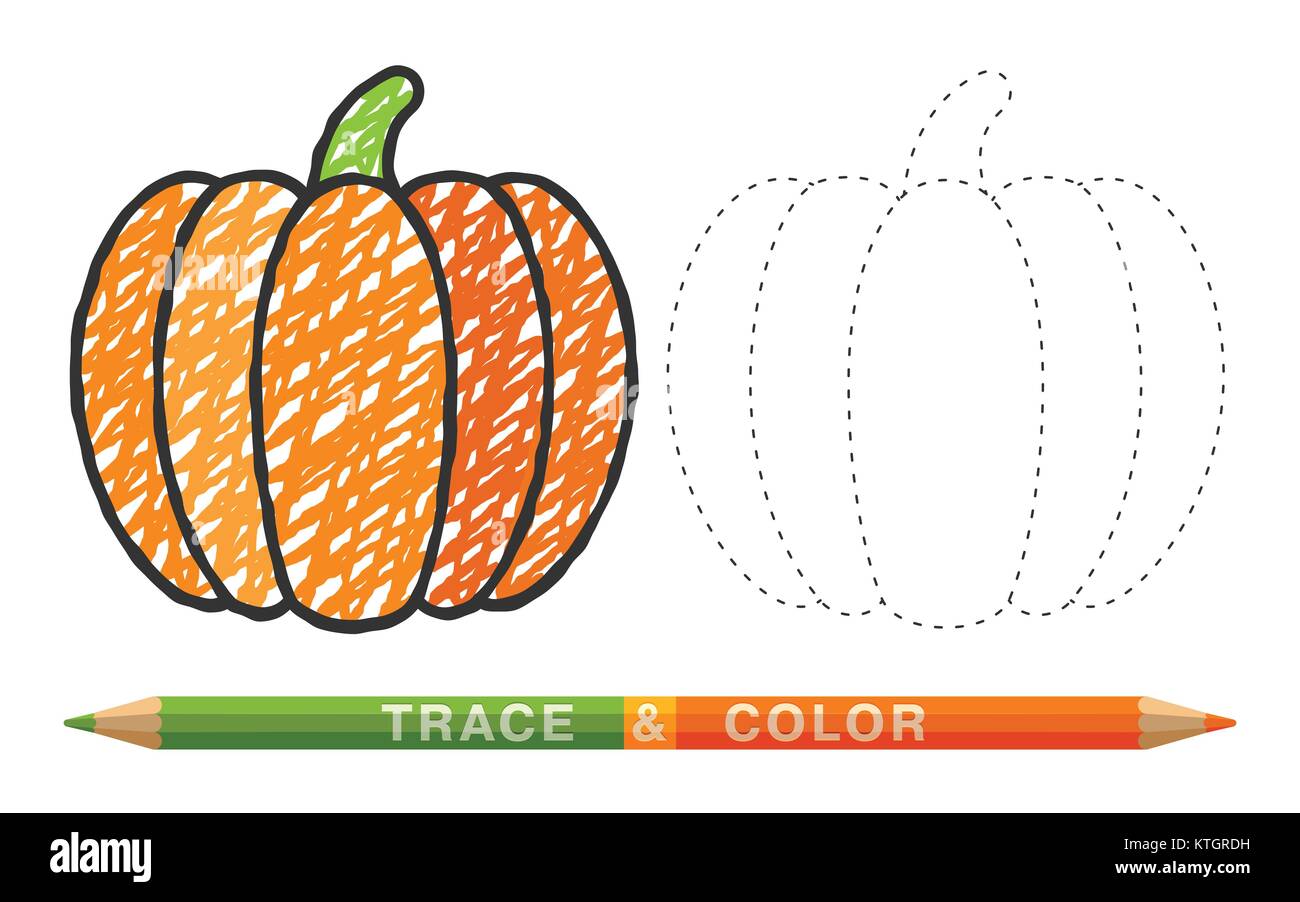 Dotted line and coloring crayon pumpkin icon. Trace and color sign ...